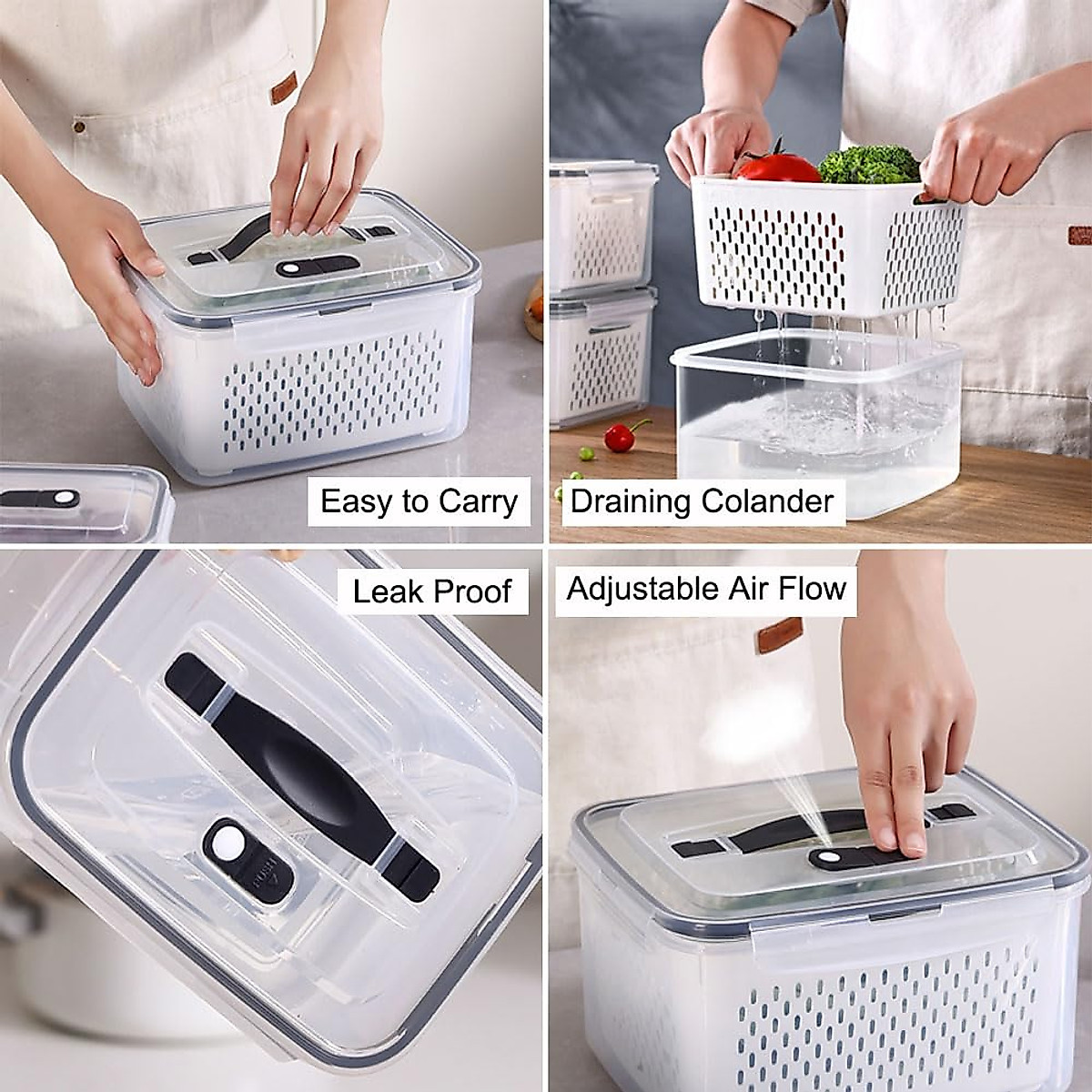 sengcou 10 PCS Fruit Storage Containers For Fridge, Produce Vegetable Saver Container with Lids Colander Vent Handle BPA-Free Large Size, Keep Fruits Veggie Food Meat Fresh