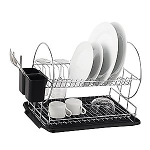 Deluxe Chrome-plated Steel 2-Tier Dish Rack with Drainboard/Cutlery Cup (BlackII)