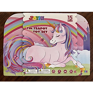 JOYIN Tea Party Set for Little Girls, Pretend Tin Teapot Set, Princess Tea Time Play Kitchen Toy with Cups, Plates and Carrying Case for Birthday Easter Gifts Kids Toddlers Age 3 4 5 6