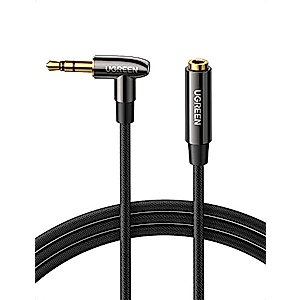 UGREEN 3.5mm Headphone Extension Cable Right Angle Aux Extender Stereo Jack Male to Female Earphone Lead Nylon Cord Compatible with Smart TV, Car Radio, PC, MacBook, Speaker, MP3 Player, Phone, 6FT
