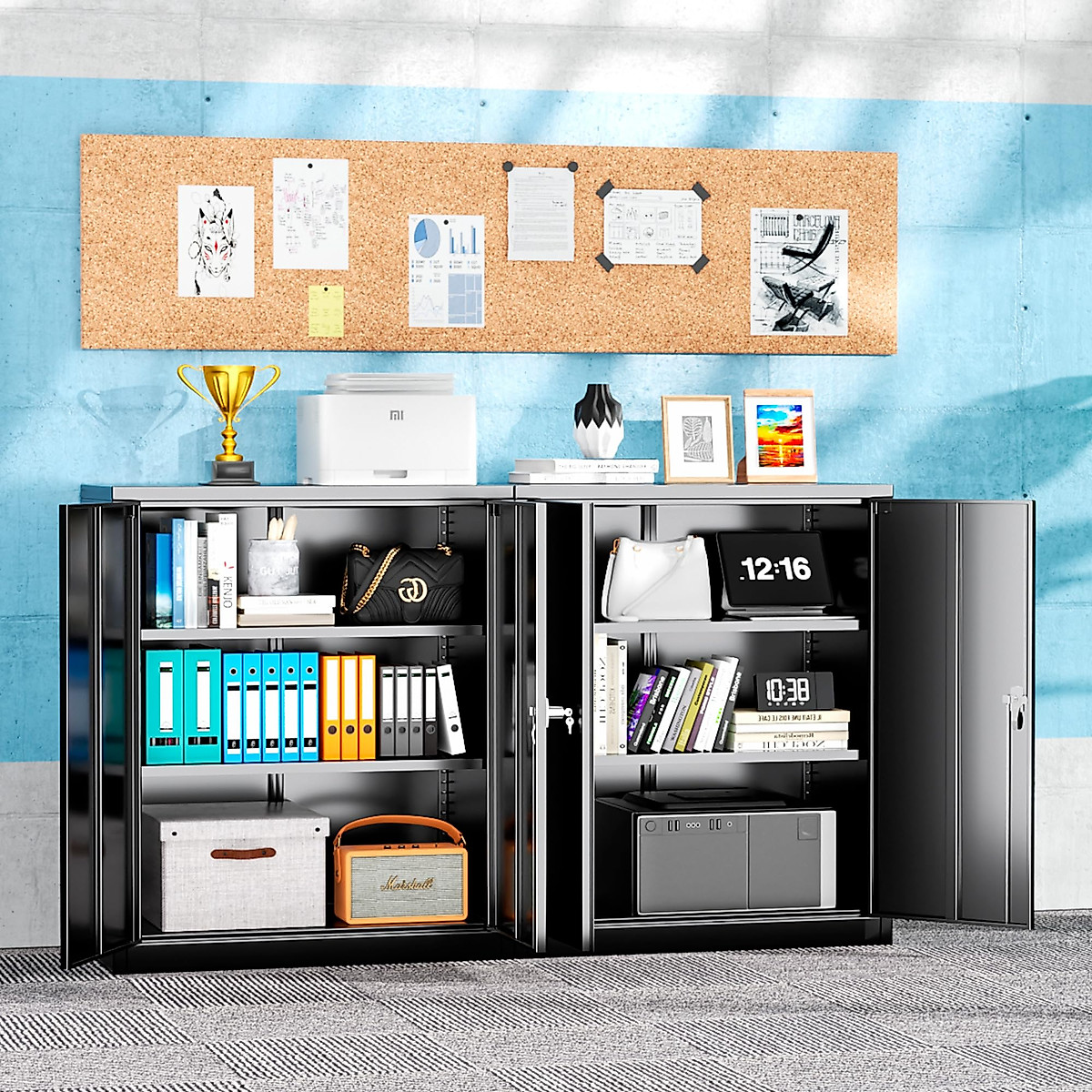 Superday Locking Metal Cabinet, 36"×32"×16" Lockable Steel Storage Cabinet with 2 Doors and 2 Shelves, Small Metal Utility Cabinet Closet for Home Office File Pantry Garage (Black)