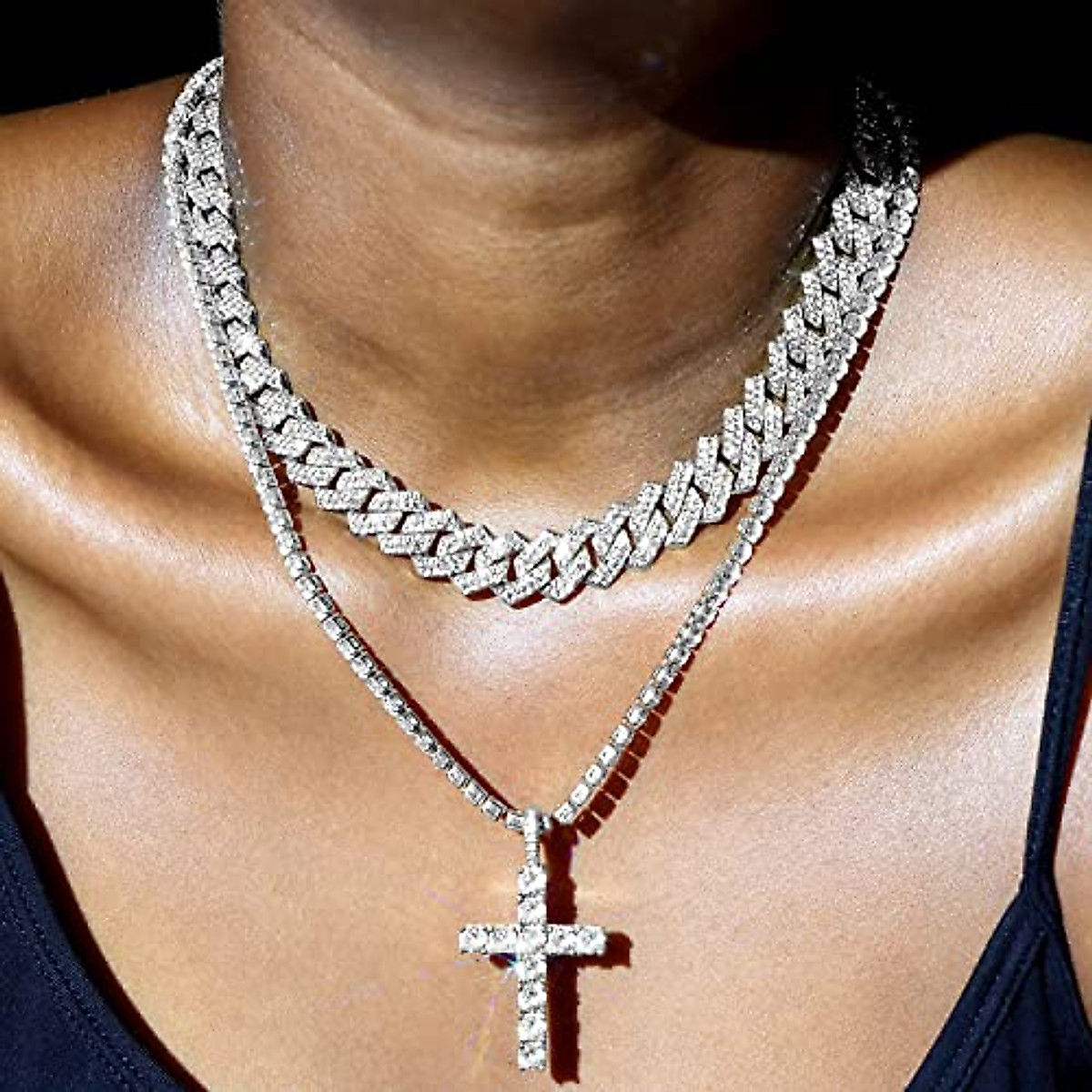 DLSIXNCO Cuban Link Chain for Men Women Cross Necklace for Men women Iced Chain Miami Cuban Link Chain Cross Pendant Diamond Chain for Men Boys Religious Jewelry Gift (Silver, 16"+18")