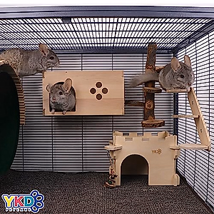 YKD Chinchilla Wooden House with Ladder - Small Animal Hideout for Chinchilla Squirrel or Sugar Gliders - Ventilated Wooden Chinchilla Hut Hideout with Multiple Doors
