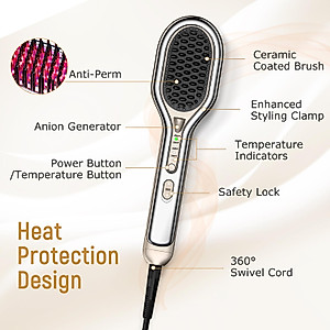 Hair Straightener Brush Ceramic | Negative Ionic Ring Straightening Comb | Natural Hairstyles Heat Brush Dual Voltage Fast Heat-Up with Dense Bristles, 4 Temps, Anti-Scald & Auto-Off
