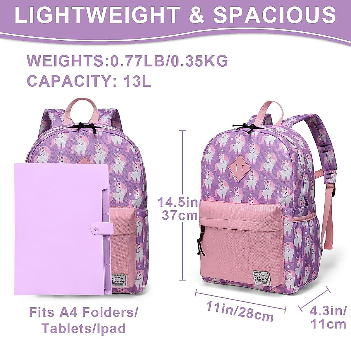 VASCHY Backpack for Little Girls, Preschool Backpacks for kindergarten with Chest Strap Pink Unicorn