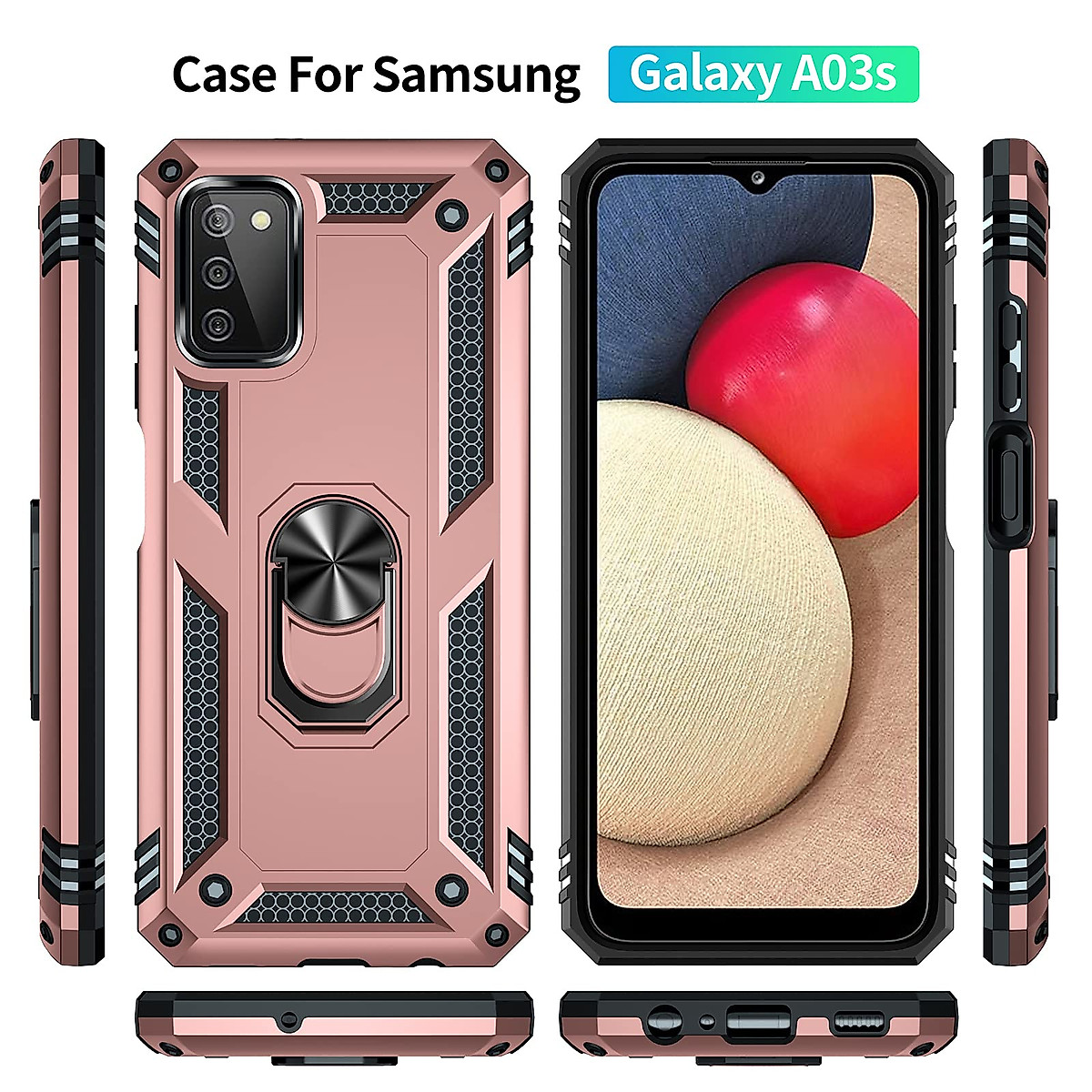 PUSHIMEI Galaxy A03S Case, Military Grade 16ft Drop Tested, Ring Holder Kickstand, with Screen Protector - Rose Gold