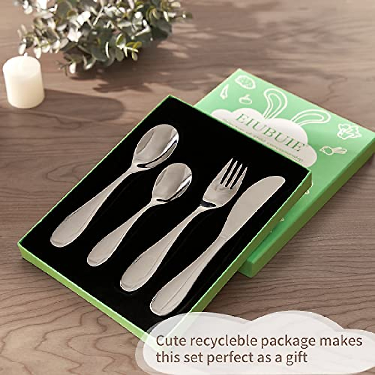 Kids Silverware Set, EIUBUIE18/10 Stainless Steel Metal Toddler Utensils, Safe Reusable Child Cutlery Flatware Includes Fork Knife Table Spoons for Eating(4 Piece, Mirror Polished)