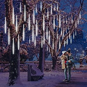 Ponwec 24 Tubes 576 LEDs Meteor Shower Rain Lights 12.2 inch Falling Rain Lights Icicle Rain Drop Lights Waterproof Cascading Lights for Christmas Halloween Holiday Party Wedding Patio Outdoor (White)
