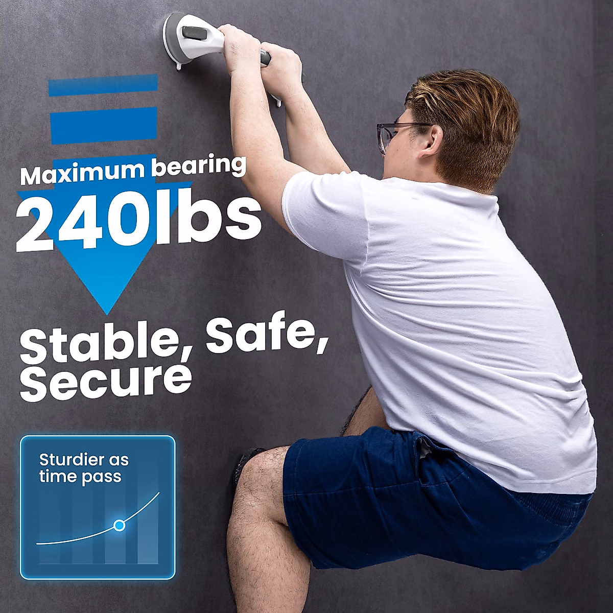 LEVERLOC 2 Pack Shower Grab Bars for Bathtubs and Showers, Easy to Install Suction Shower Handles for Bathroom Removable Handrails for Seniors Elderly Heavy Duty Safety Grip Waterproof Drill Free Gray