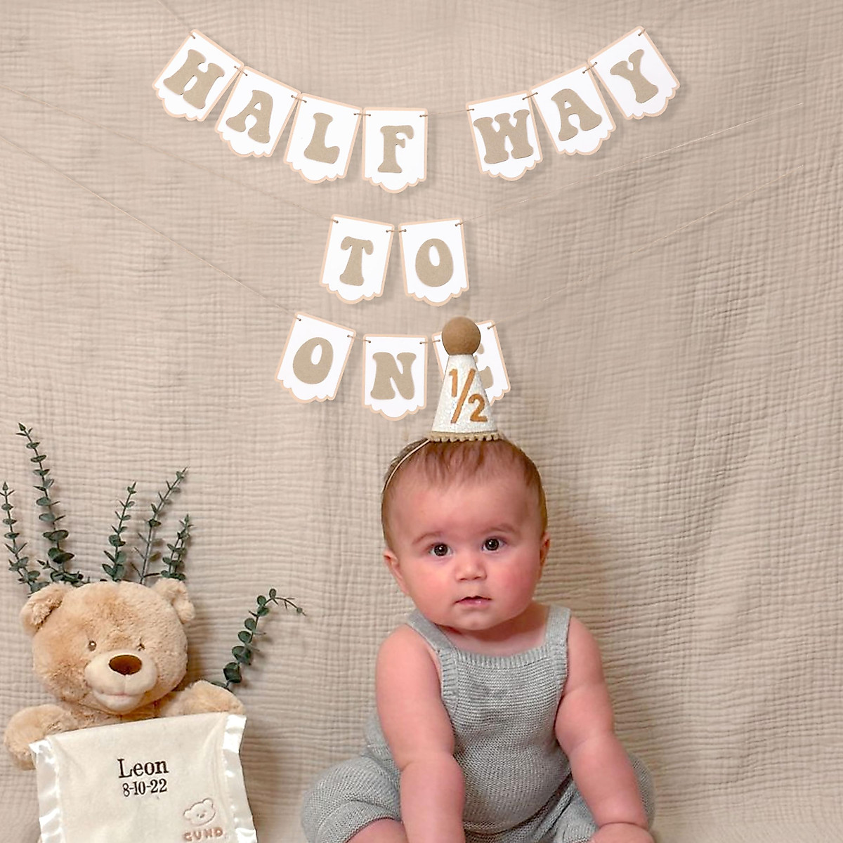 Half Way To One Banner for Baby - Baby 1/2 Birthday Party Decorations,Half Birthday Banner For Boys Girls,Neutral Rustic Baby Shower Party Decor,Six Months Baby Happy Birthday Banner Photo Props (HALF