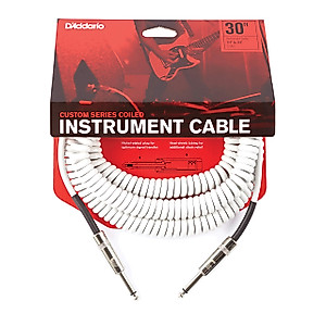 D’Addario Accessories Custom Series Coiled Guitar Cable - Coiled Instrument Cable with Nickel Plated ¼ Inch Ends - Warm, Vintage Look & Tone - 30ft (10ft Coiled) - White