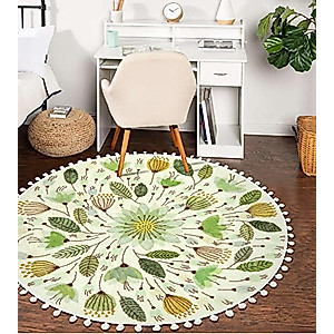 Uphome Round Throw Rugs for Bedroom 4' Circle Cute Area Rug with Pom Poms Fringe Floral Plant Washable Non-Slip Soft Floor Mats for Entryway Laundry Living/ Kids Room Nursery, Green