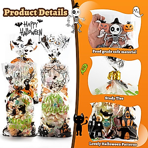 SHTALHST Halloween Treat Bags, 200 pcs (4.9” x 10.8”) Halloween Cellophane Treat Bags, Halloween Bags for Candy with Fun Friendly Designs, Halloween Party Decorations, Spooky Treat Bags