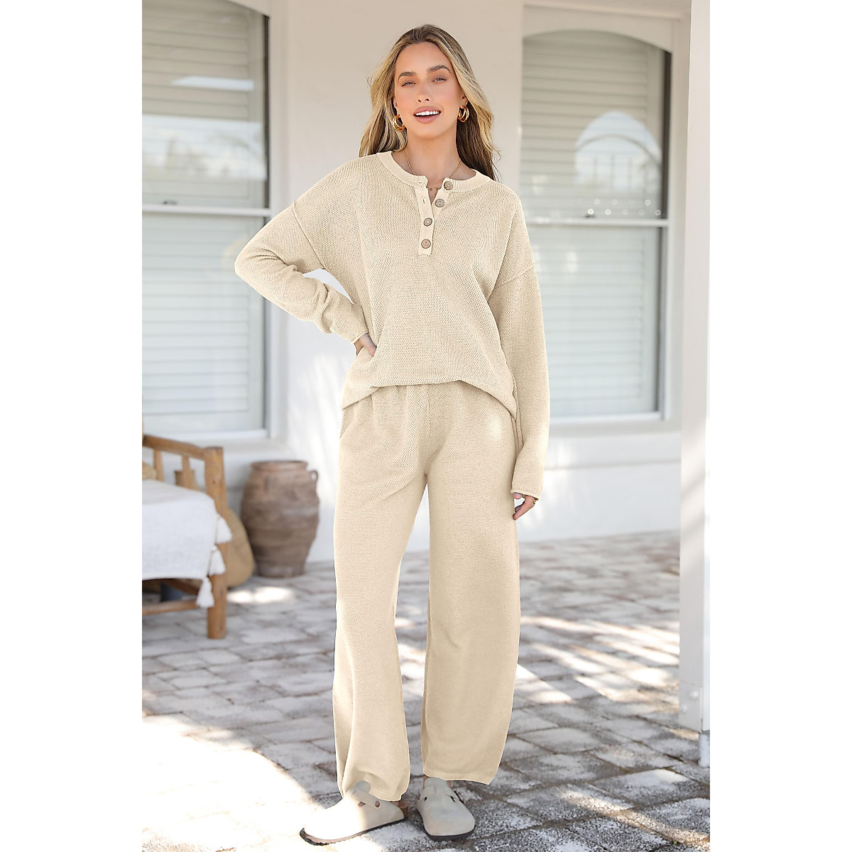 PRETTYGARDEN Women's 2 Piece Tracksuit Outfits 2024 Fall Knit Sweater And Wide Leg Pants Sweatsuit Lounge Sets (Beige,Large)