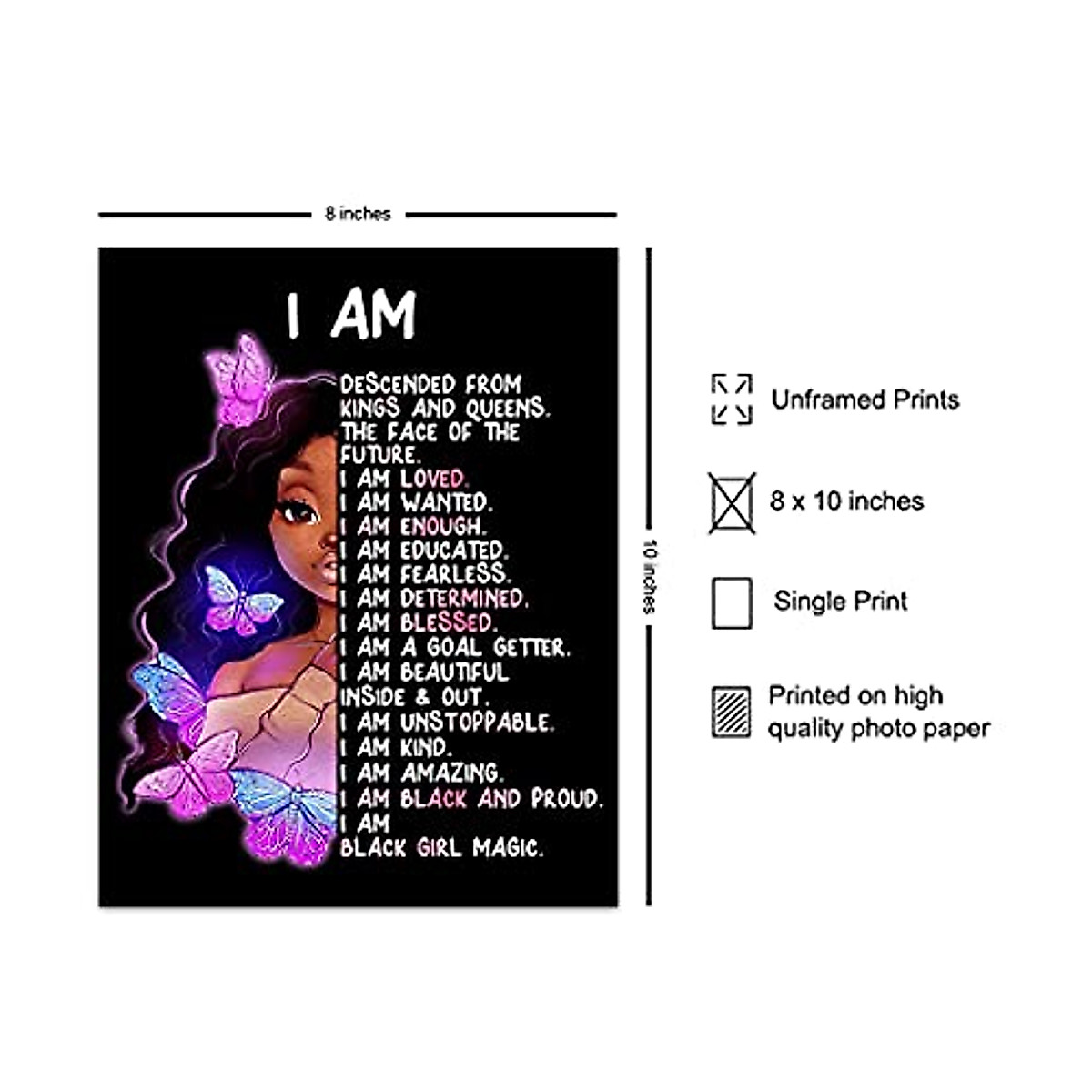 African American Girl Wall Art & Decor - I Am Black Girl Magic - Black Art - Inspirational Positive Affirmations - Inspiring Positive Quotes - Tween Teen Little Girls Bedroom Decor - Daughter Gifts