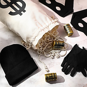 Ramede 32 Pcs Halloween Costume Set, Include Dollar Sign Canvas Bags, Robber Mask, Knit Beanie, Black Robber Gloves for Halloween Outfit Cosplay Bandit Burglar Theme Party Supplies