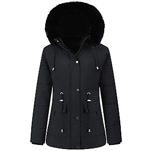 MOERDENG Women's Warm Winter Puffer Coat Thicken Fleece Lined Down Jacket Faux Fur Detachable Hood Snow Parka