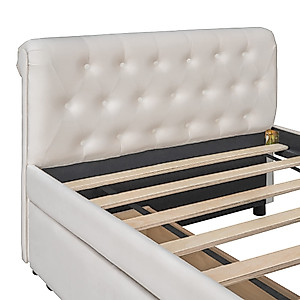 Jintop Twin Size Velvet Upholstered Daybed with Trundle and Two Armrests,Storage Wonden Bed Frame,W/Drawer,Wood Slat Support,for Apartment,Bedroom,Living Room,No Box Spring Needed,Beige