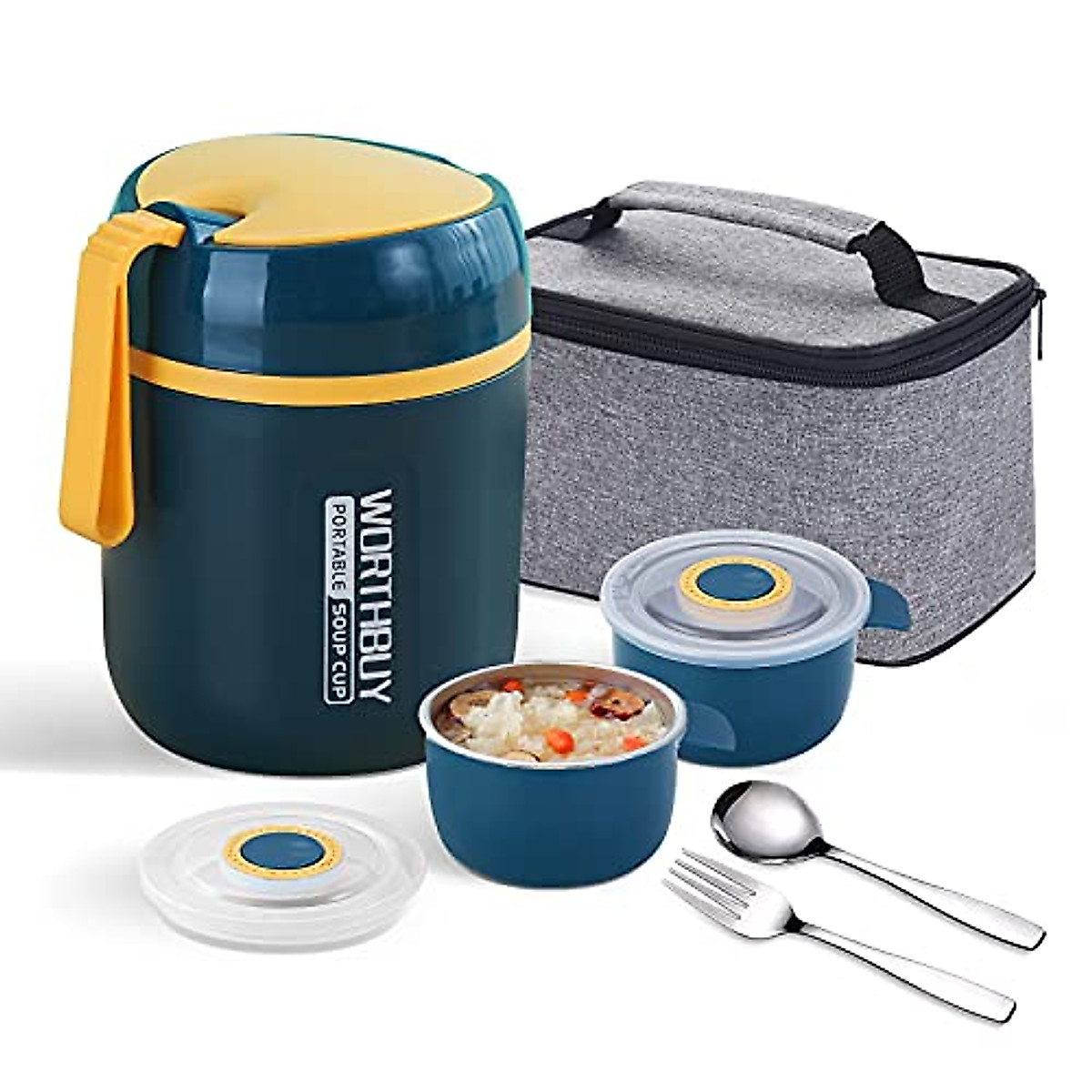 WORTHBUY Leak Proof Thermal Insulated Food Jar Bento/Snack Box with Portable Cutlery Set Lunch Bag , Stainless Steel Lunch Containers Soup Cup for Kids and Adult, 16oz Capacity(Snack Box Set - Blue)
