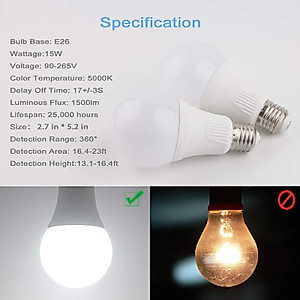 Motion Sensor Light Bulb Outdoor Indoor, 15W (100W Equivalent) Daylight 5000K 1500LM E26 A21 Radar Motion Activated Dusk to Dawn Light for Stairway, Hallway, Porch, Garage, Driveway, Patio, 2 Pack
