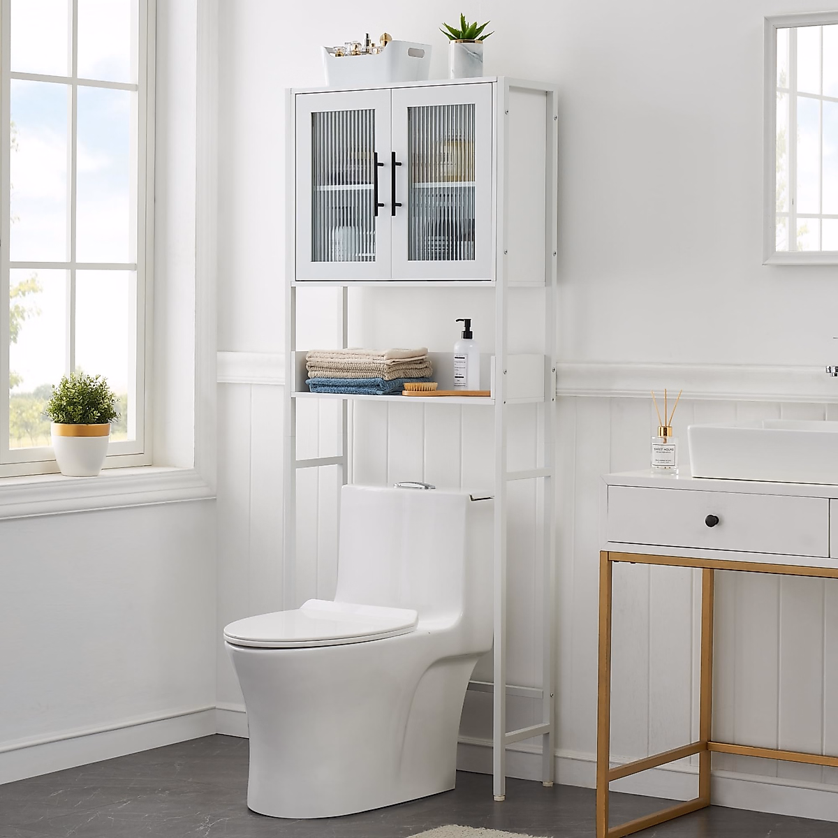 coucheta Bathroom Over-The-Toilet Cabinet with Glass Doors and Adjustable Shelves, Spacious Above Toilet Storage Organizer