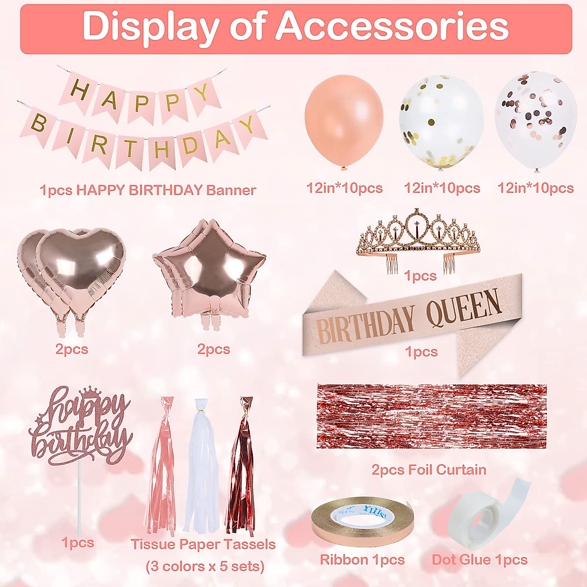 Rose Gold Birthday Decorations for Women - Quesen Birthday Party Supplies with Happy Birthday Banner, Queen Sash, Crown, Cake Topper & Balloons, Pink Birthday Party Decor Favors for Women Girls Kids