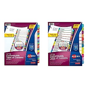 Avery 31-tab Dividers for 3 Ring Binders, Customizable Table of Contents, Multicolor Tabs, 1 Set & 12 Tab Dividers for 3 Ring Binders, Customizable Table of Contents, Multicolor Tabs, 1 Set (11843)