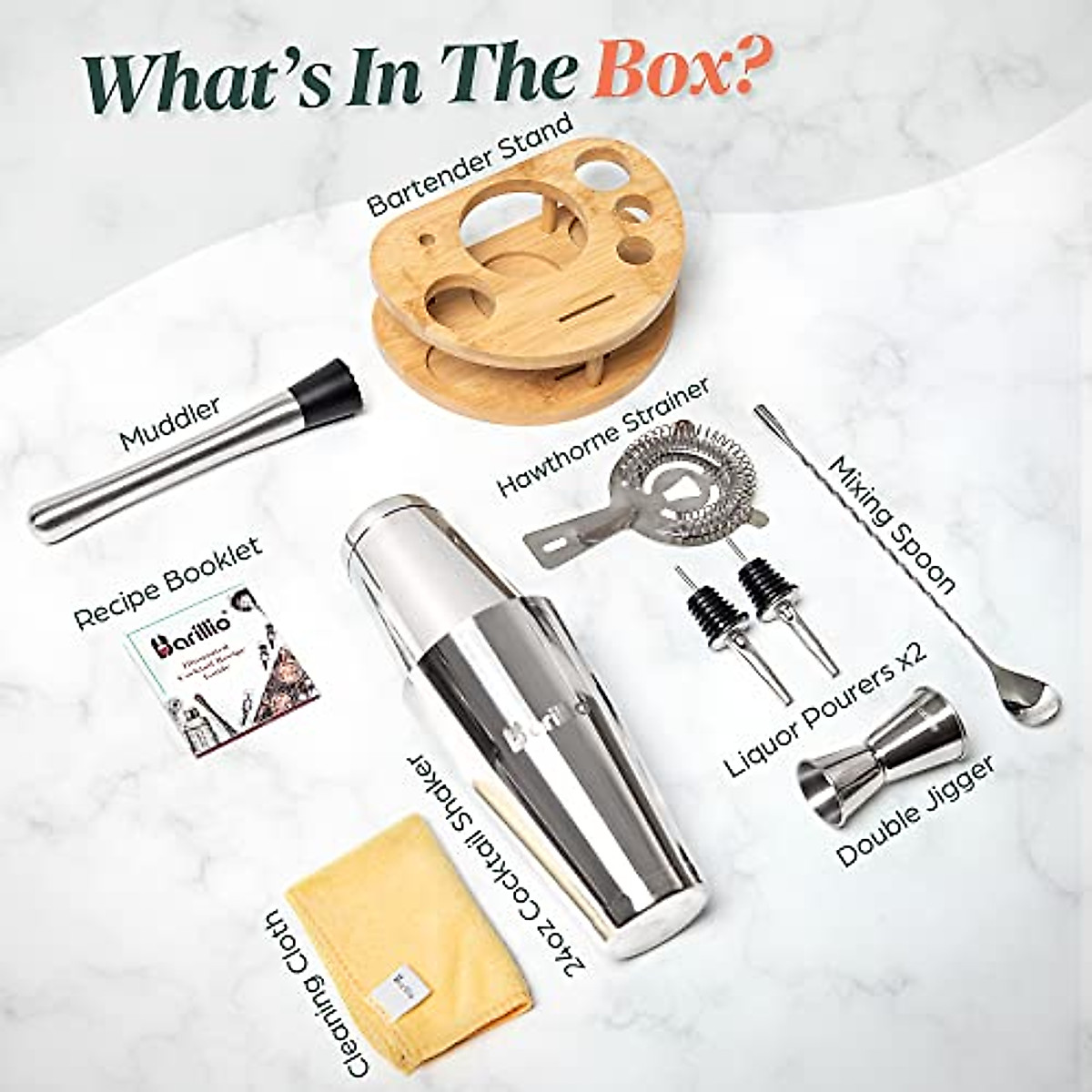 Elite Mixology Bartender Kit Cocktail Shaker Set by Barillio: Drink Mixer Set with Bar Tools, Bamboo Stand Boston Shaker Mojito Muddler Mixing Spoon Jigger Recipes Booklet