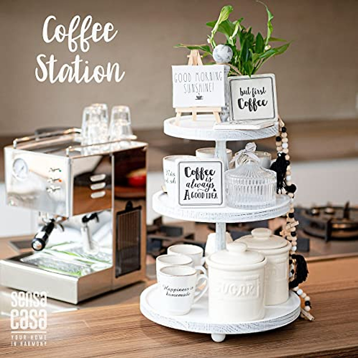 SensaCasa Farmhouse Tiered Tray – 3 Tier Tray – Rustic White Three Tier Tray - Wooden Farmhouse Kitchen Decor – 3 Tier Serving Trays – Wood Round Tiered Stand