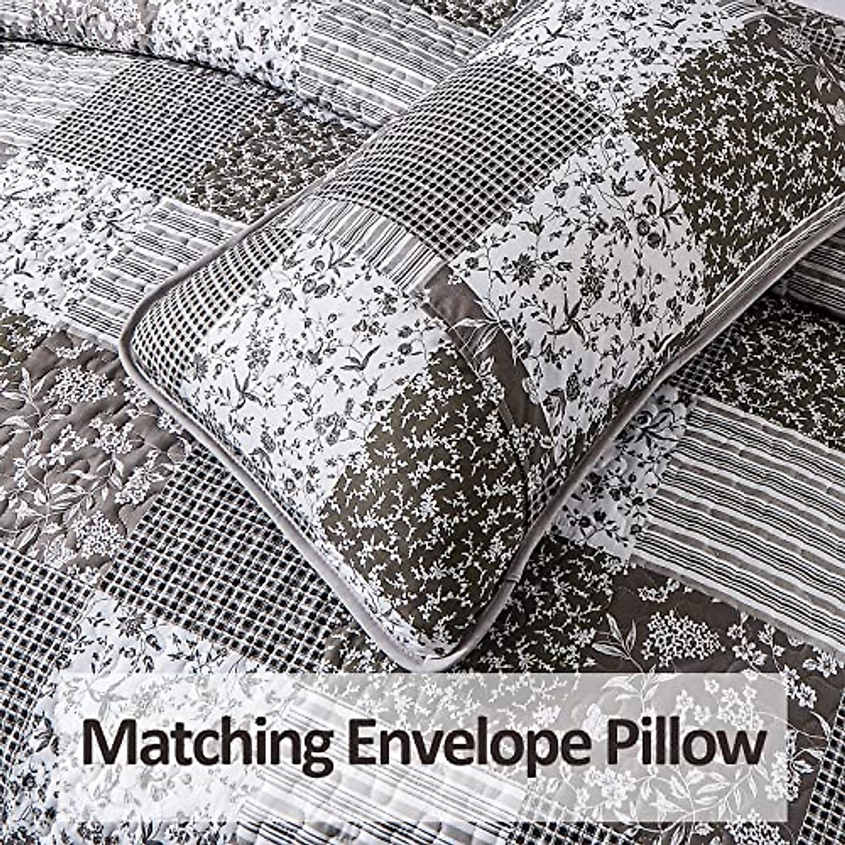 Mybedsoul Grey Boho Quilt Set King Size,3 Pieces Plaid Floral Bedspread Coverlet Set for All Season,Patchwork Reversible Bedding Set King 90"x104"