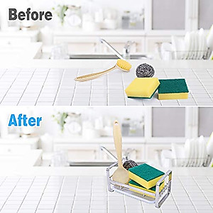 Kitchen Sink Caddy Organizer, Sponge Holder for Sink, Sponge、Soap and Brush Holder/Organizer with Drain Pan, 304 Stainless Steel Rustproof Sponge Holder for Sink