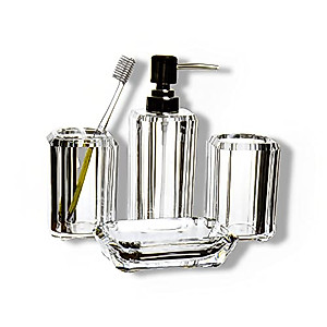 Holyfire Bathroom Accessory Set, 4-Piece Decorative Clear Acrylic Bathroom Decor Accessories Set, Soap Dispenser, Soap Dish, Toothbrush Holder, Toothbrush Cup, Clear