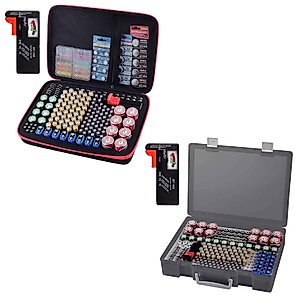 2 Pcs Battery Organizer Holder- Batteries Storage Containers Box Case with Tester Checker BT-168. Garage Organization Holds 225 Batteries AA AAA C D Cell 9V 3V Lithium LR44 CR2 CR1632 CR2032