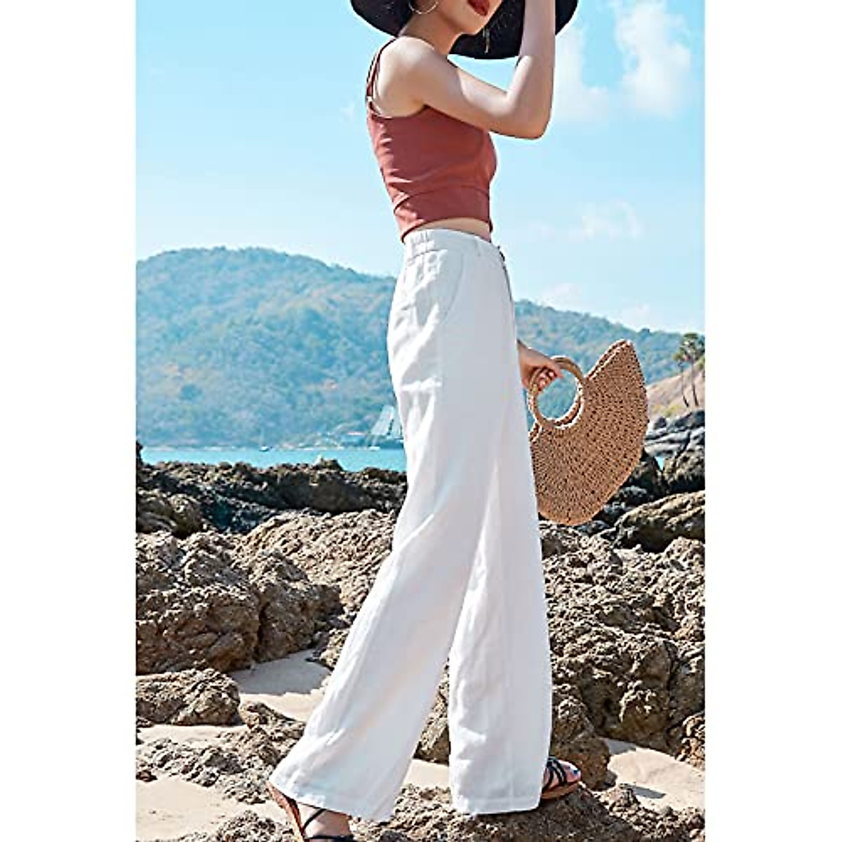 Hooever Womens Casual High Waisted Wide Leg Pants Button Up Straight Leg Trousers（White-L）