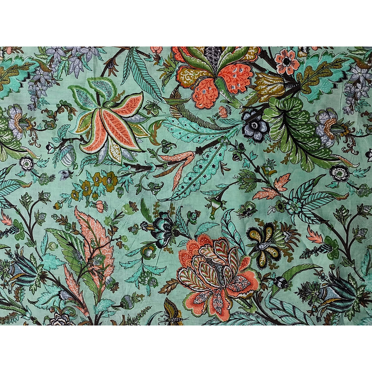 Indian Hand-Block Printed Jaipuri Flower Print Floral Ethnic Sanganer Kurti Print Cotton Fabric (Mint Mugal Flower, 3 Yards)