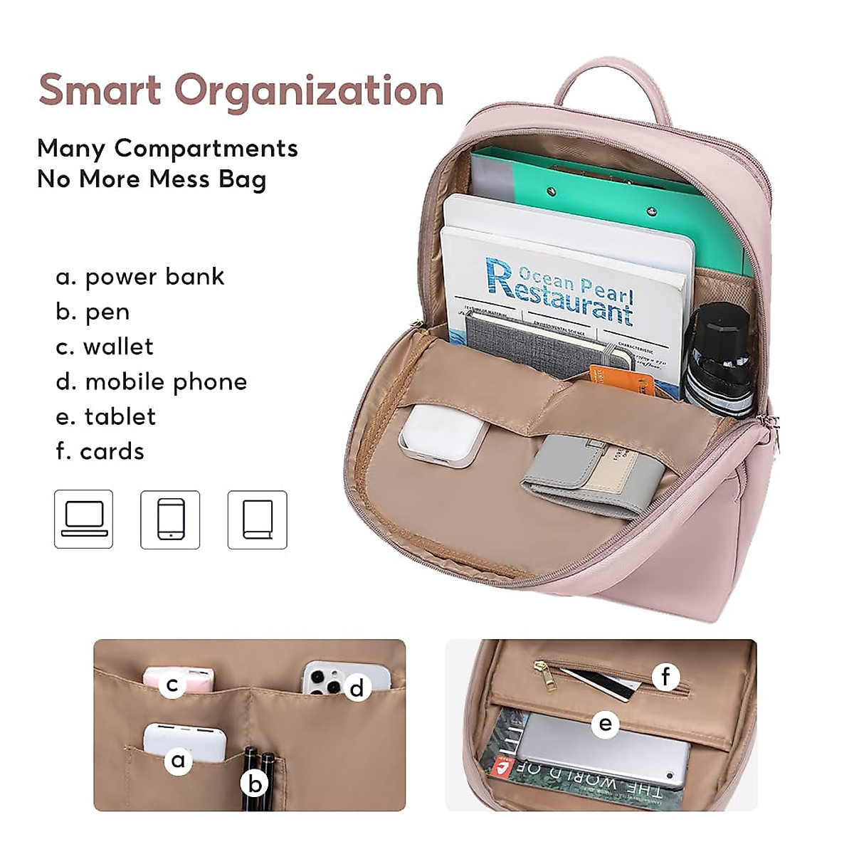 FULL DESIGN Travel Laptop Backpack for Women, 14 inch Water Resistant Computer Backpack, Fashion Daypack Shoulder Bag for Work College (Pink)