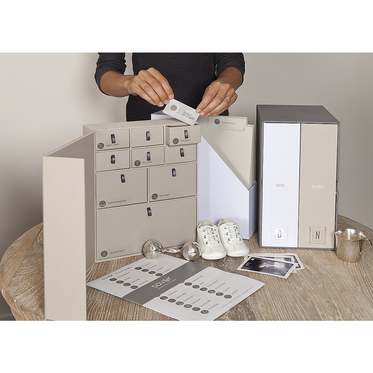 Savor | Baby + School Years Keepsake Boxes | Slate Gray - Set of 2 Custom-dyed with Cloth Covering + Acid-Free for Durability w/Full Organization System+Includes labels for customizing