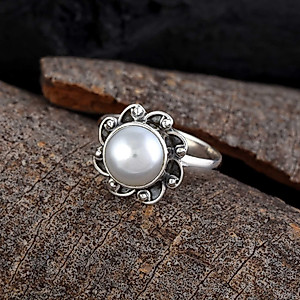 925 Sterling Silver Ring For Women & Girls Natural Pearl Ring Sterling Silver Trendy Ring June Birthstone Bezel Set Gemstone Ring