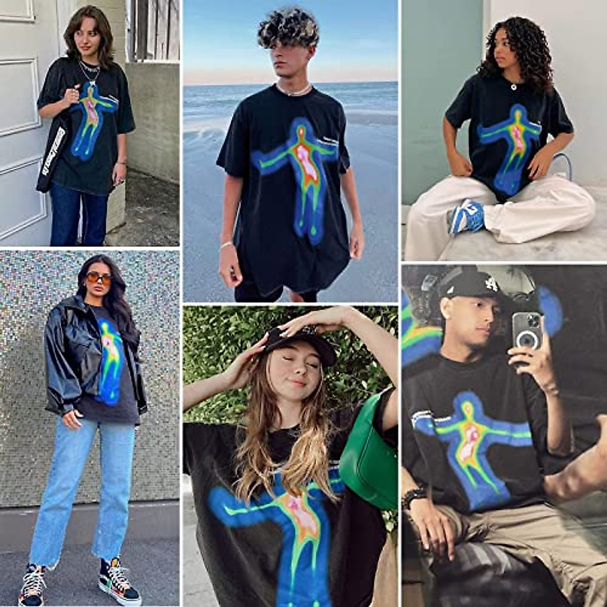 Aelfric Eden Mens Oversized T Shirts Tees Distorted Portrait Print Crew Neck Cotton Tops Streetwear Casual Shirt