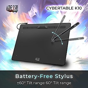 Adesso Large Graphics Drawing Tablet Pad 10 x 6 Inch 8192 Levels Battery-Free Pen, 6 Customizable Keys with Scroll Wheels, Compatible with PC/Mac/Android OS for Painting, Design & Online Teaching