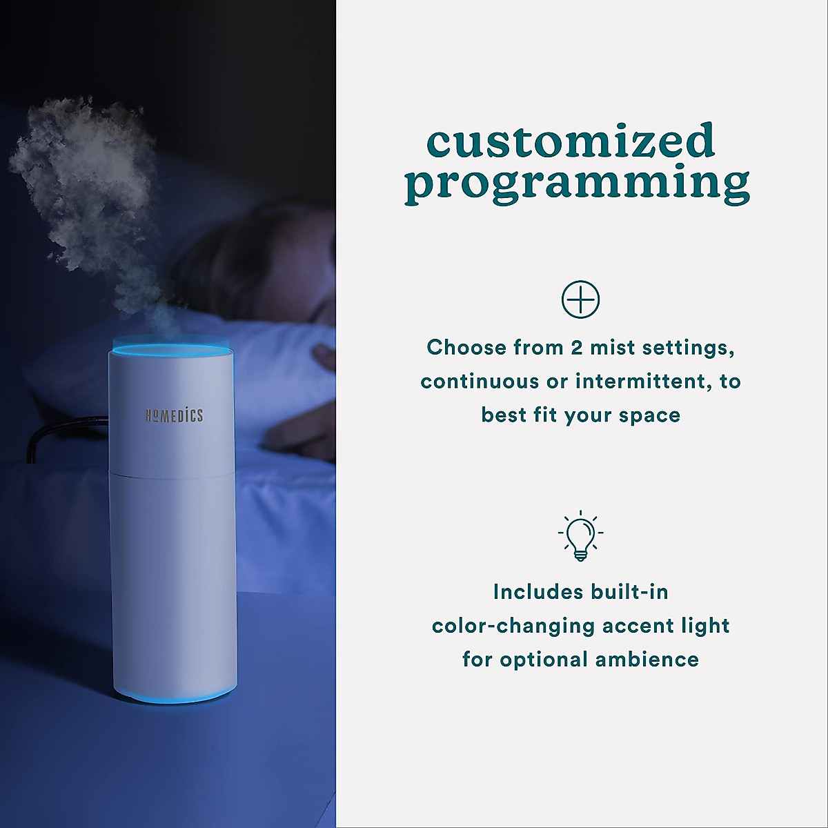 Homedics Portable Humidifier - Small Air Humidifiers for Bedroom, Plants, Office, Travel - Cool Mist Humidifiers, Color-Changing Accent Light, 2 Mist Settings, White