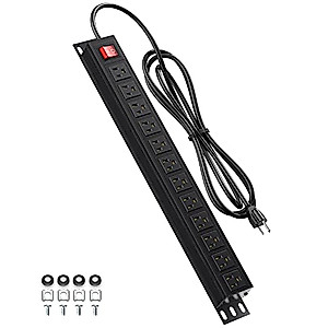 12 Outlet Metal Power Strip, 19inch Rack Mount Heavy Duty Power Strip for Network Cabinet Garage Workbench, 6ft SJT 16AWG Power Cord, Black