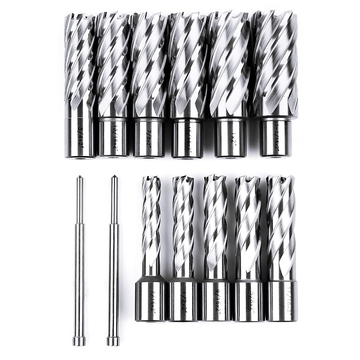 OSCARBIDE Annular Cutter Set 13pieces,2"Cutting Depth,3/4"Weldon Shank and 7/16 to 1-1/16 inch Cutting Diameter Mag Drill Bits for Magnetic Drill Press with 2pcs Pilot Pins