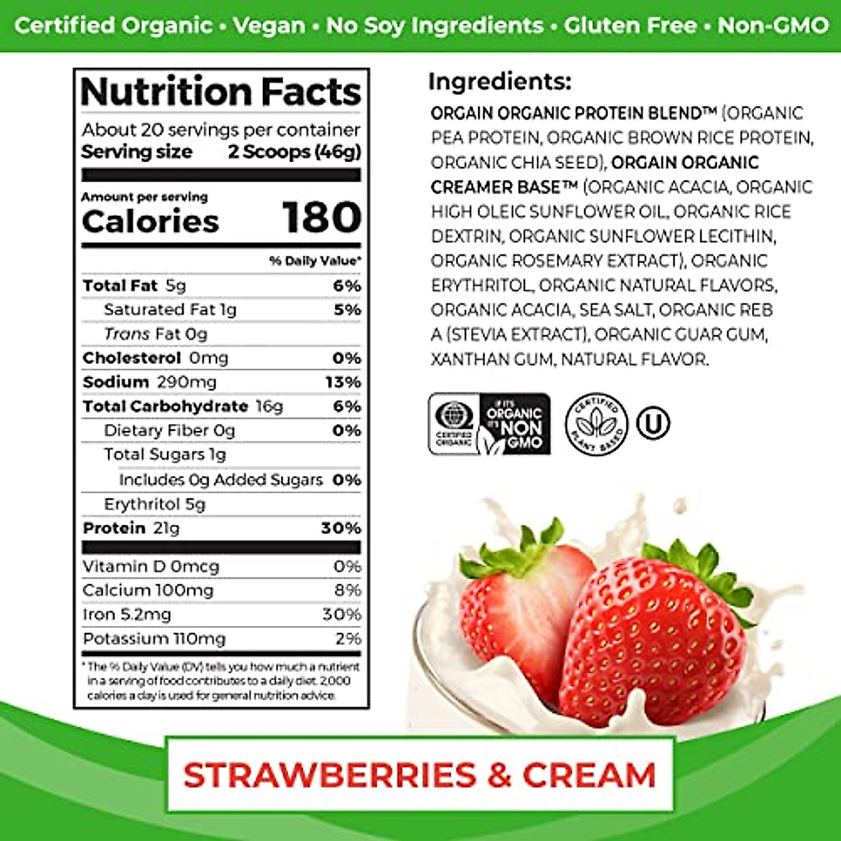 Orgain Organic Vegan Protein Powder, Strawberries & Cream - 21g of Plant Based Protein, Low Net Carbs, Gluten/ Lactose Free, No Sugar Added, Soy Free, Non-GMO, 2.03 Lb