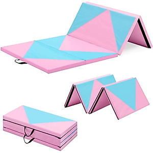 PanAme Folding Gymnastics Exercise Mats, 8’x4’x2” Thick Gymnastics Tumbling Mats, Lightweight Gymnastics Panel Mat with Carrying Handle for MMA, Yoga, Home Gym, Fitness(Pink&Blue)
