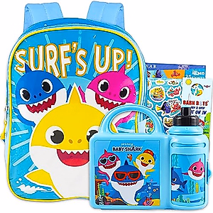Fast Forward Baby Shark Backpack with Lunch Box Set - Baby Shark Backpack for Kids, Baby Shark Lunch Box, Water Pouch, Stickers, More | Baby Shark Backpack Kids