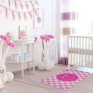 Pink Smile Face Rug Preppy Buffalo Check Plaid Contemporary Funny Rug Checkered Carpet Preppy Room Decor Reversible Rug for Living Room Bedroom Dormitory Front Porch Hallway Farmhouse, 1.97 x 3.28 ft