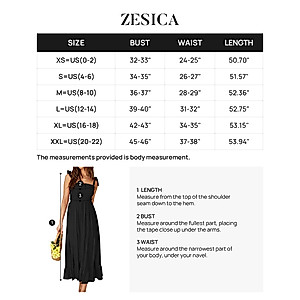 ZESICA Women's 2024 Summer Boho Spaghetti Strap Square Neck Solid Color Ruffle A Line Beach Long Maxi Dress,Black,Small