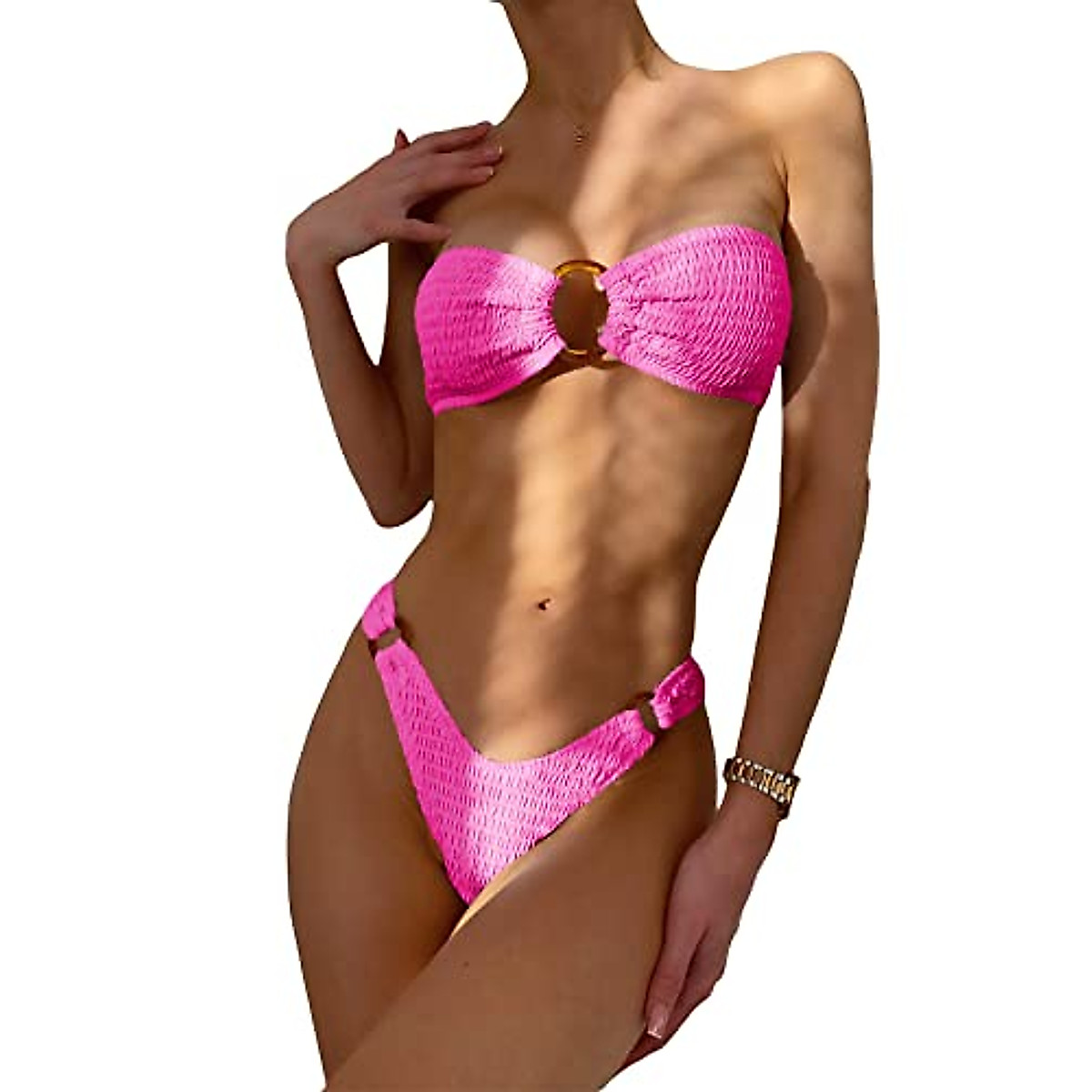 WDIRARA Women's 2 Piece Strapless Smocked Ring Bandeau Bikini Set Swimsuit Bathing Suits Pure Pink Solid XS