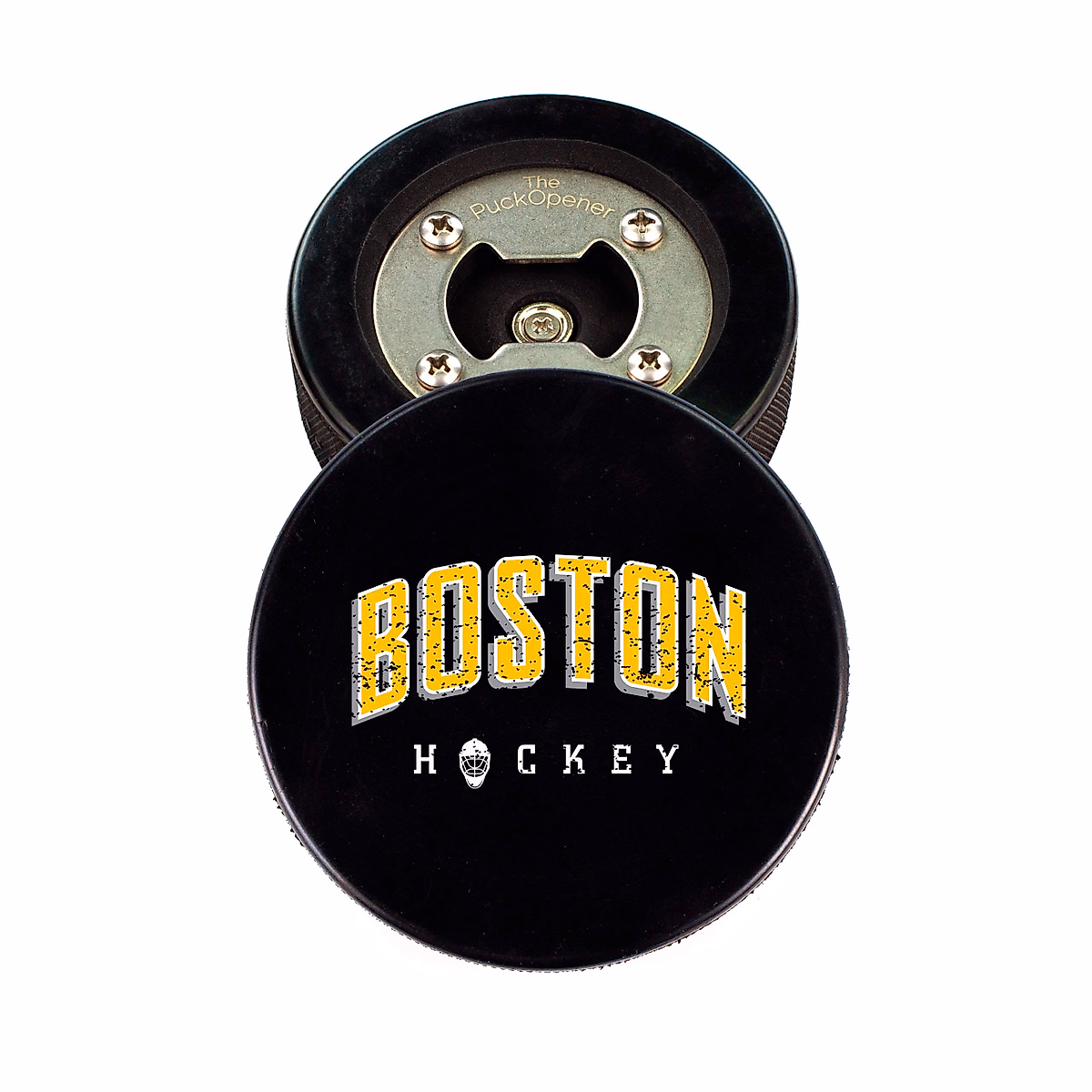 Boston Bottle Opener, Made from a Real Hockey Puck, Cap Catcher Magnet, Drink Coaster, Hockey City Design, The PuckOpener